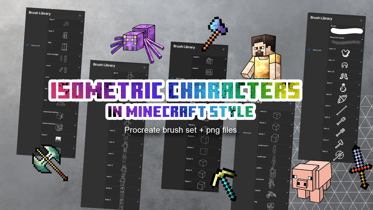 Isometric Characters in Minecraft Style Procreate Brushes - Free Brushes for Procreate