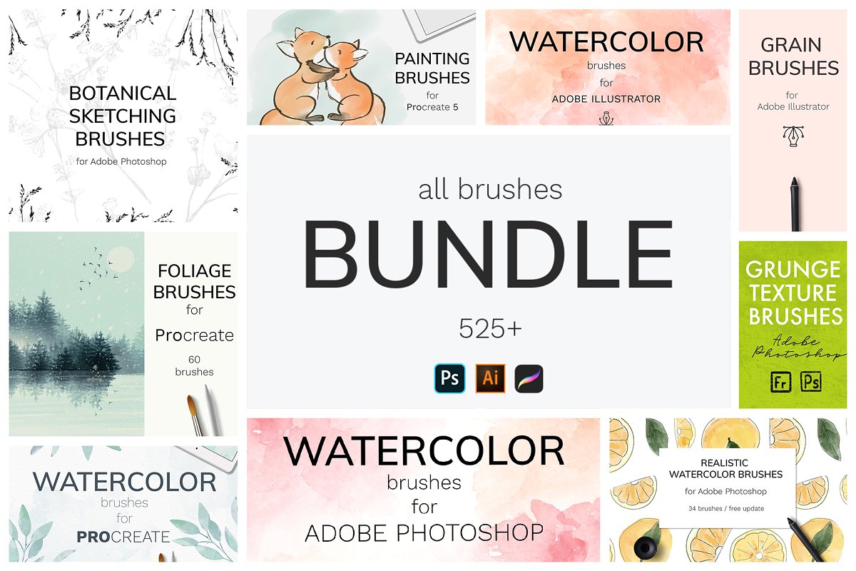 [Paid] Brushes Bundle - PS, AI, Procreate - Free Brushes for Procreate